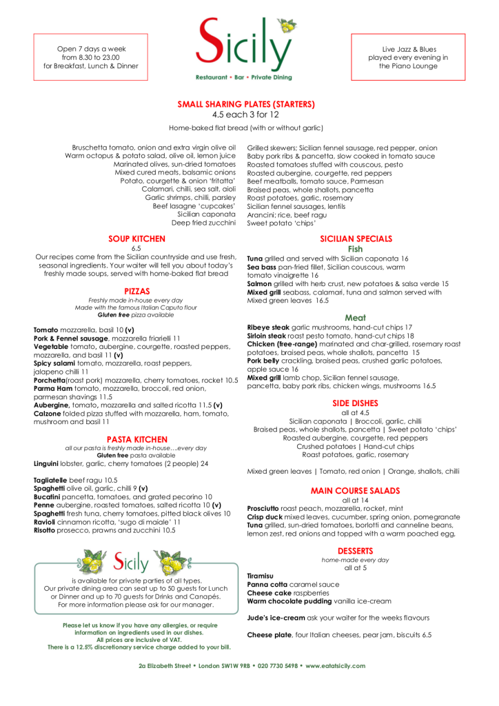 New Sicily menu | Sicily Italian Restaurant London