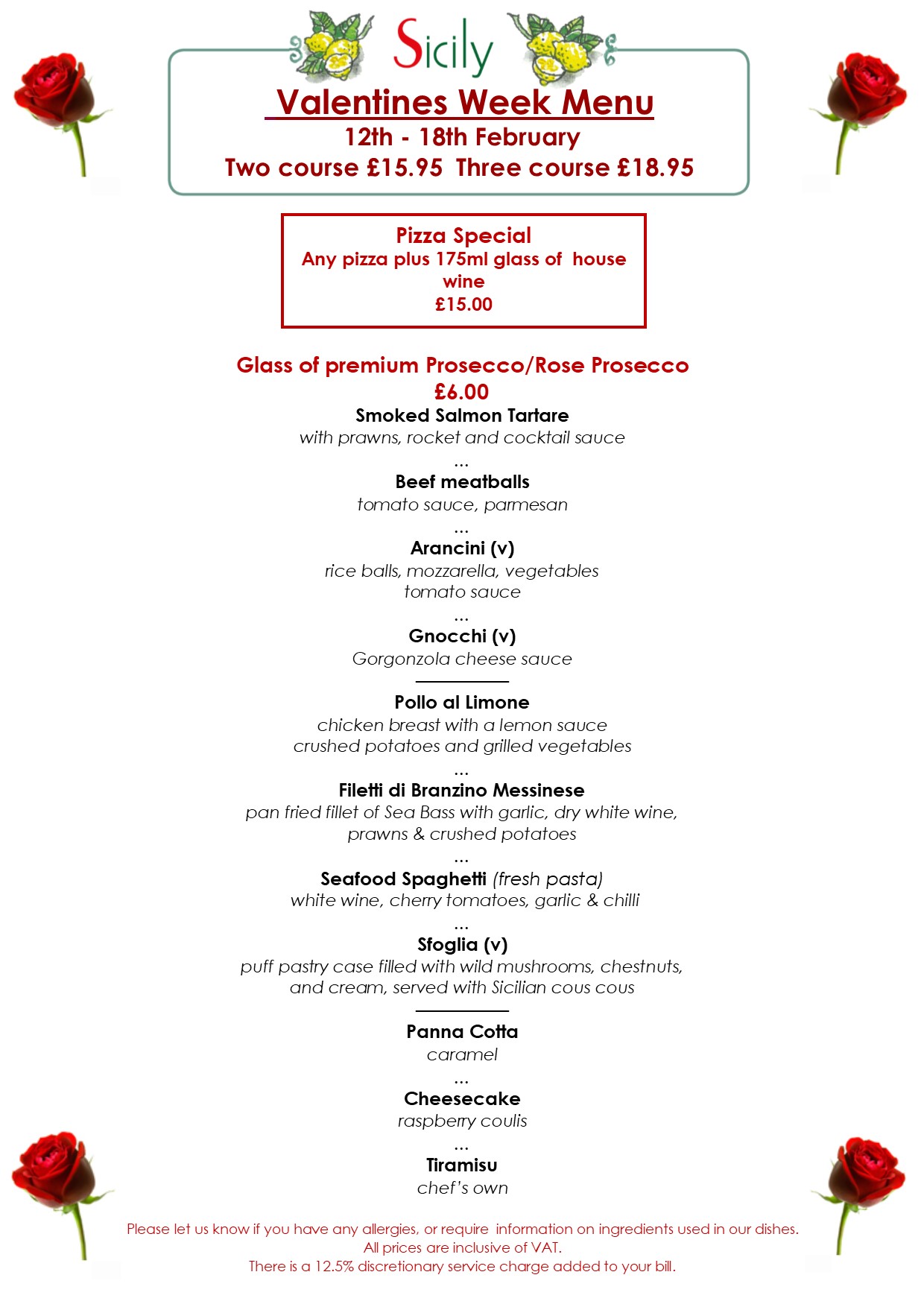 Valentines Menu 2018 | Sicily Italian Restaurant London