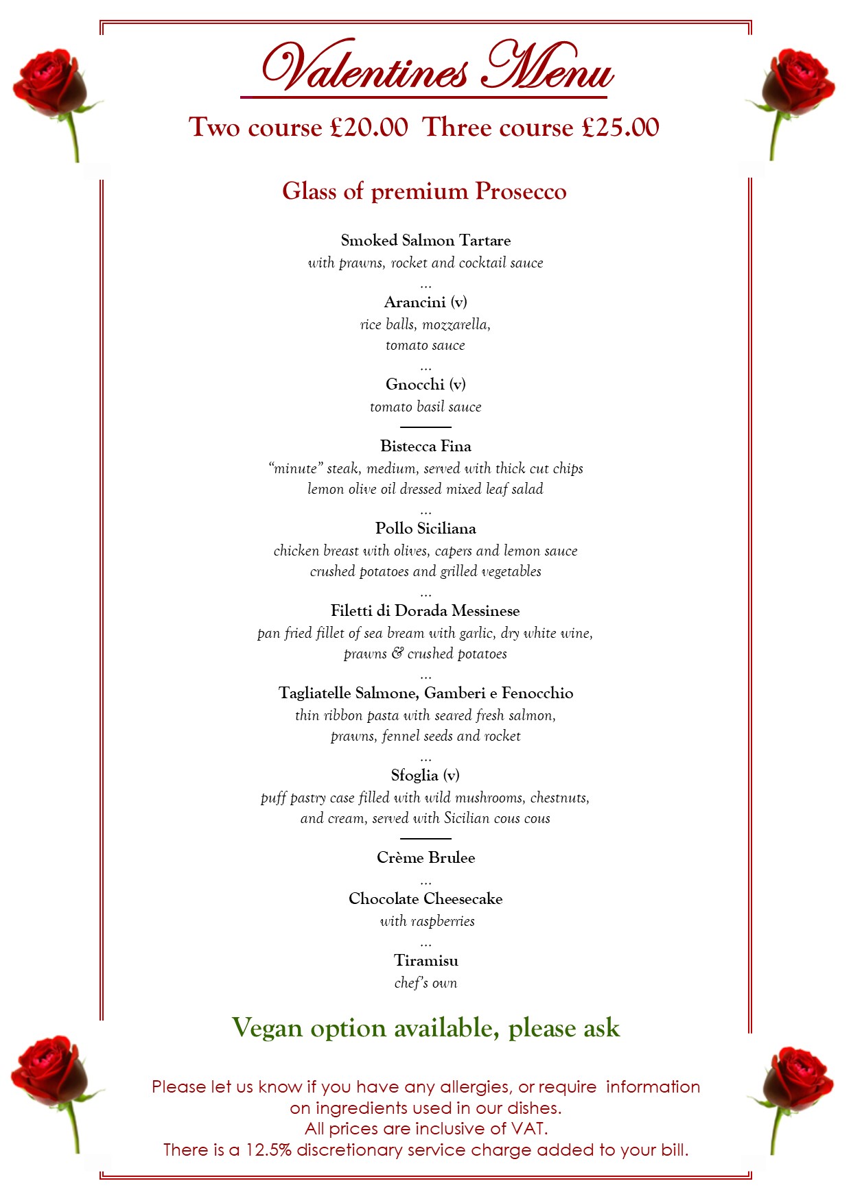 Valentines Menu 2019 | Sicily Italian Restaurant London