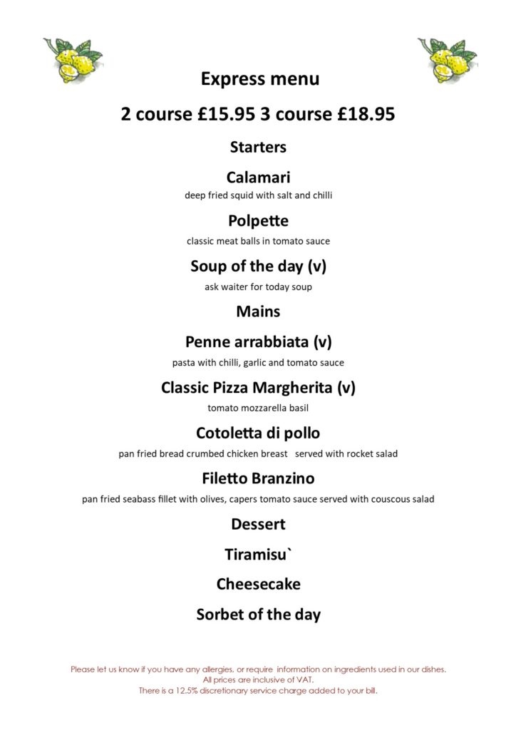 Express menu | Sicily Italian Restaurant London