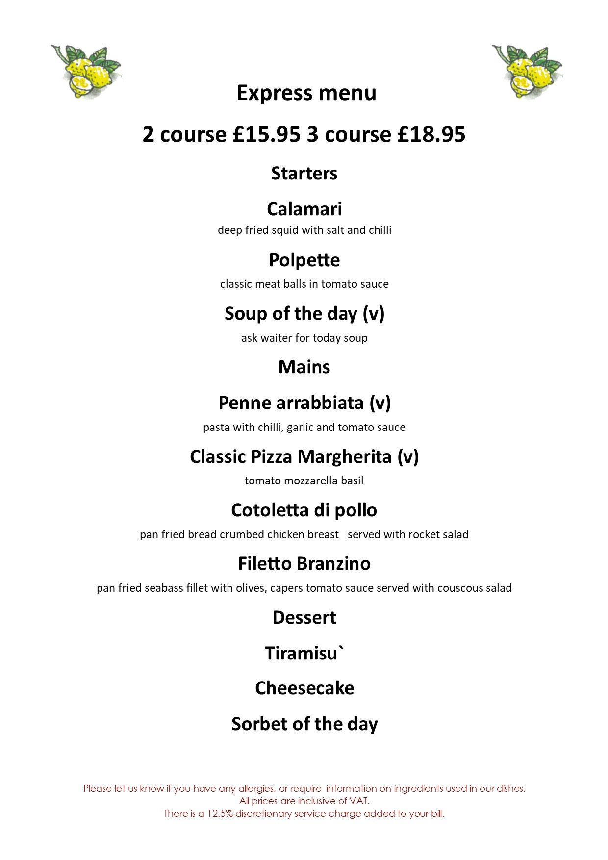 Express menu | Sicily Italian Restaurant London