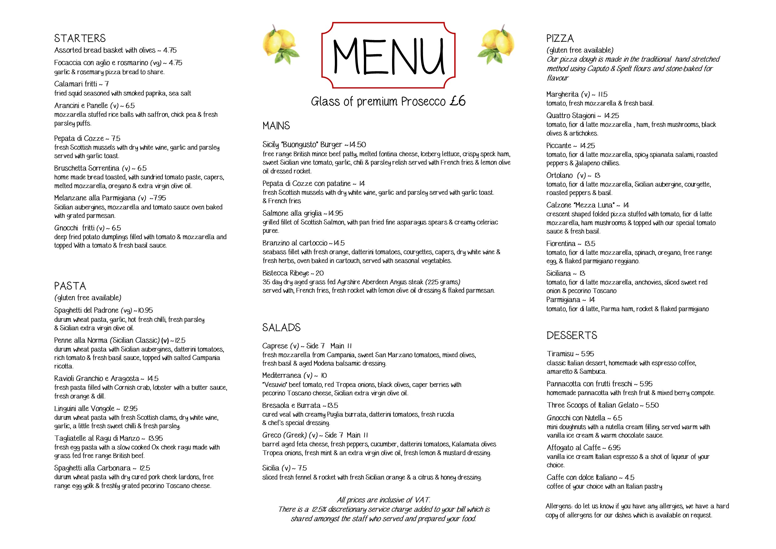 Sicily | Italian Restaurant | Main Menu