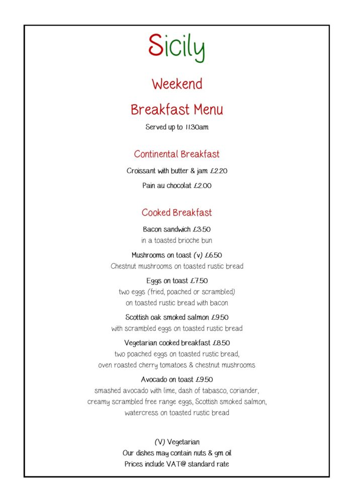 Breakfast menu | Sicily Italian Restaurant London