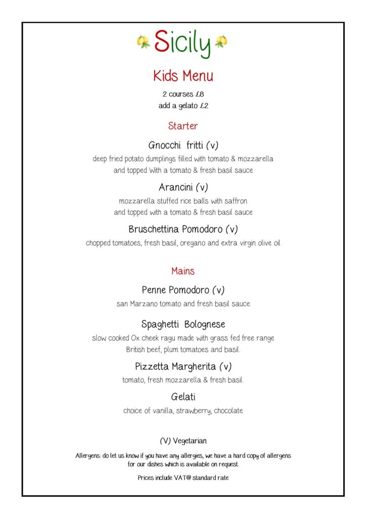 Sicily | Italian Restaurant | Main Menu