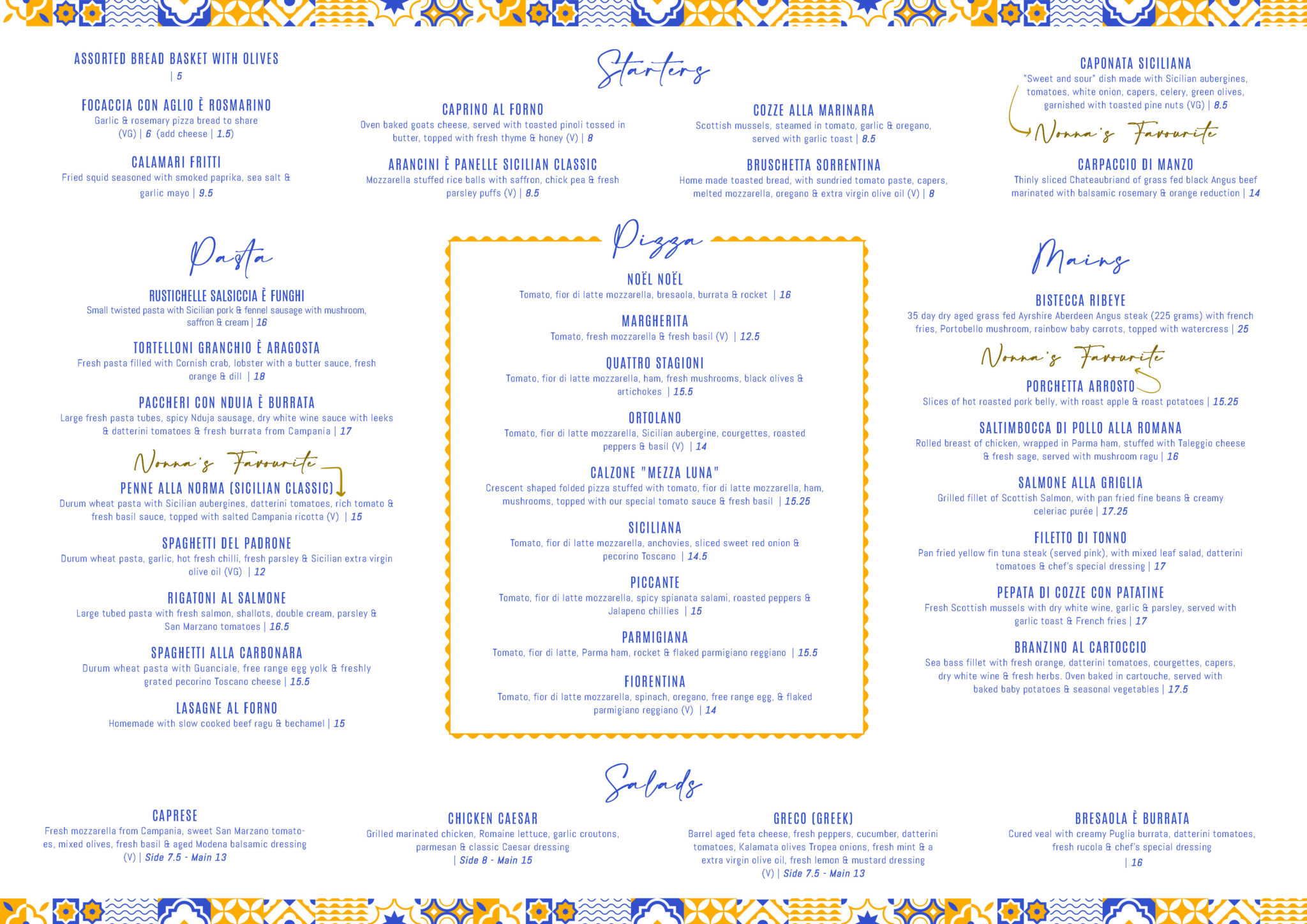 Sicily | Italian Restaurant | Main Menu